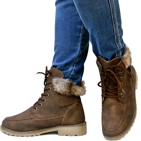 Shoes | New Brown Fur Lace Up Hiking Boots Ankle Booties | Poshmark